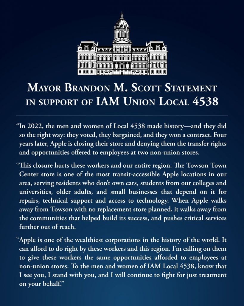 IAM Union Applauds Baltimore Mayor Brandon M. Scott for Standing with ...